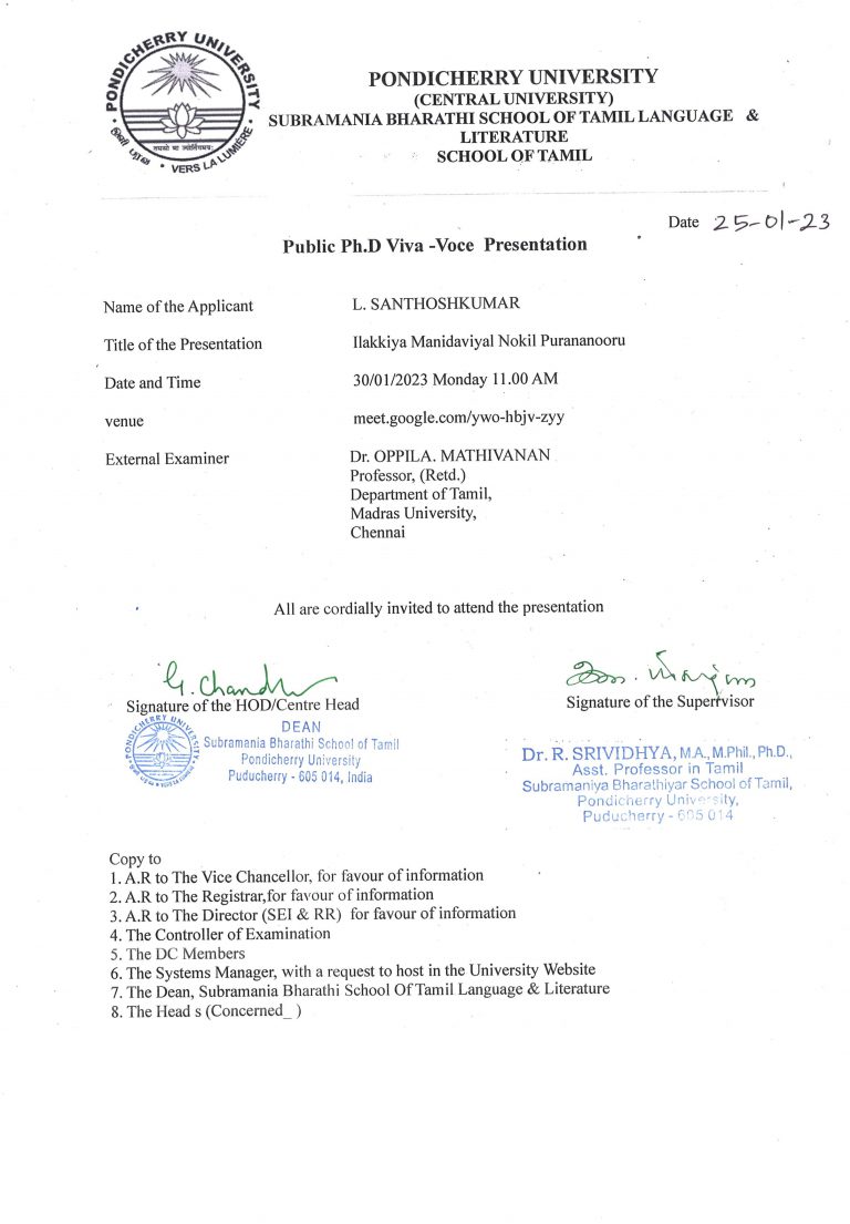 Public Ph.D. Viva-Voce Presentation notification of L. Santhoshkumar on ...