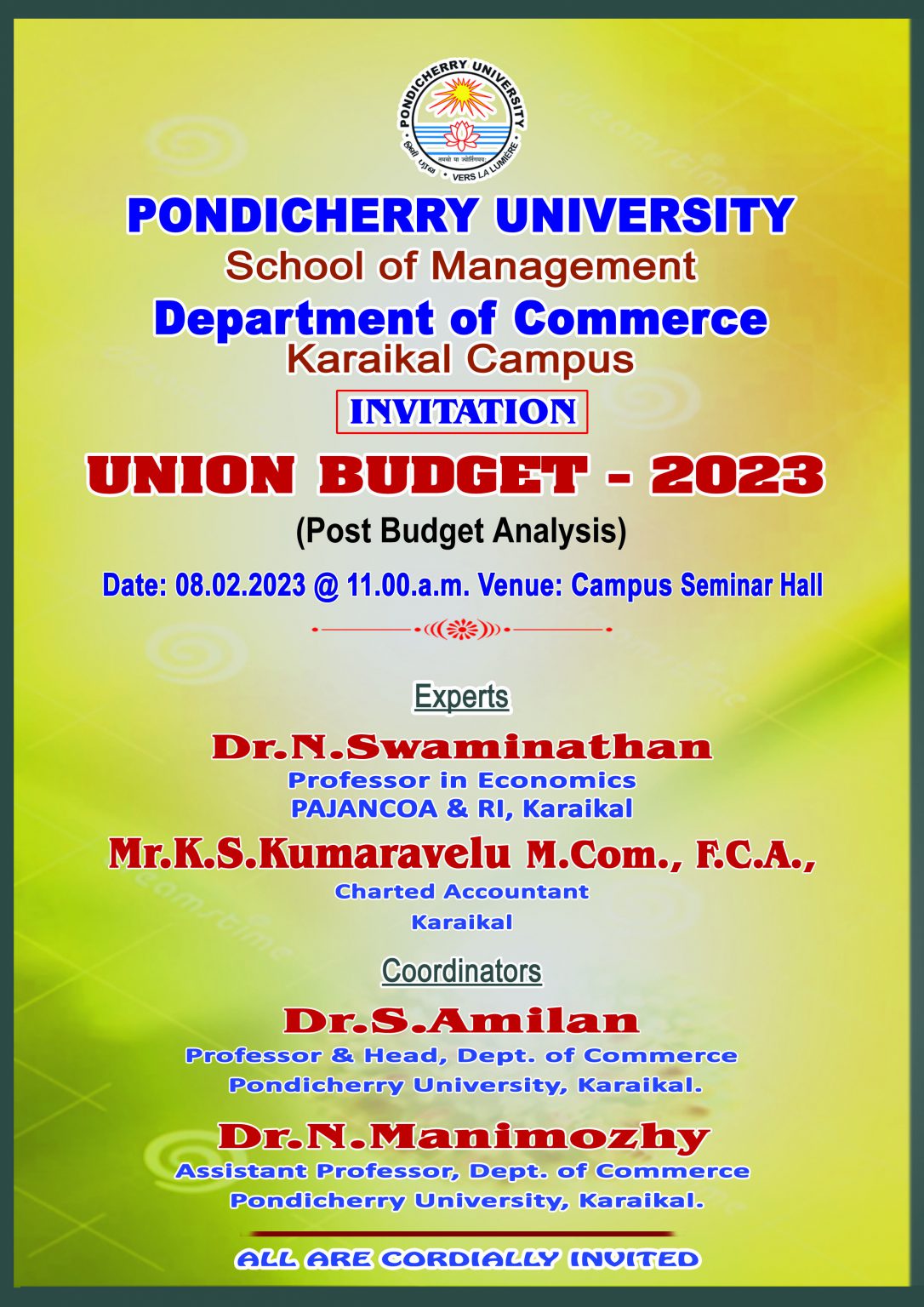 Invitation – Union Budget – 2023 (Post Budget Analysis) – Department of Commerce, Karaikal ...