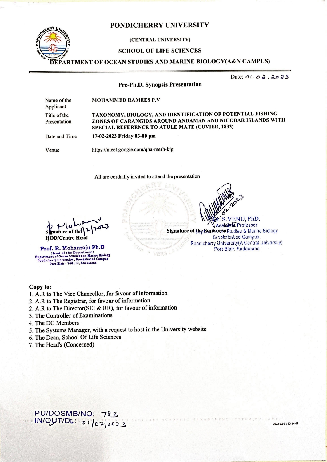 Pre-Ph.D. Synopsis Presentation notification of Mohammed Ramees P.V on ...