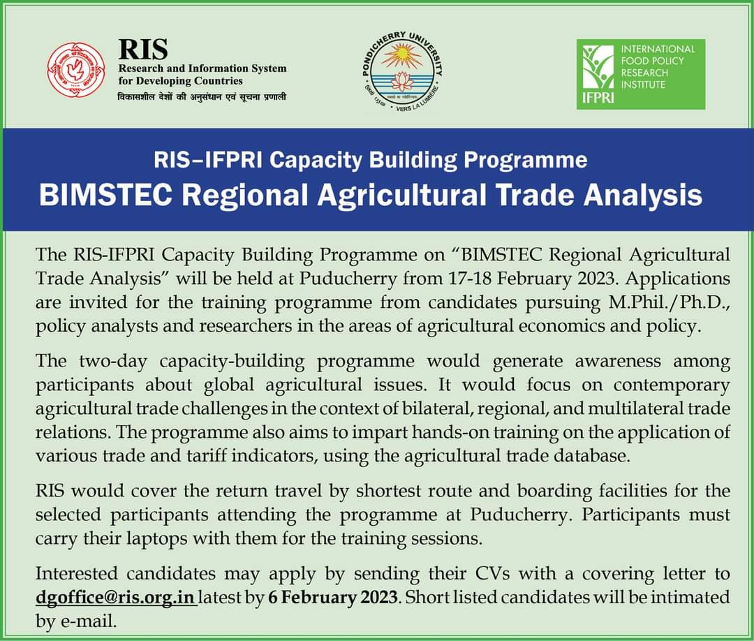 RIS-IFPRI Capacity Building Programme BIMSTEC Regional Agricultural Trade Analysis – Pondicherry ...
