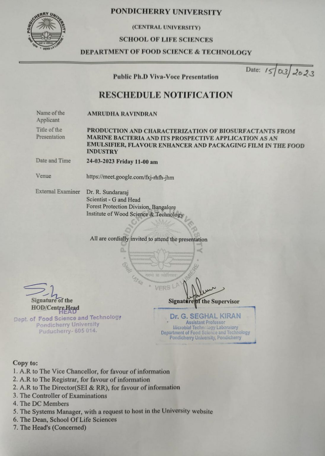 Reschedule – Public Ph.D. Viva-Voce Presentation notification of ... Reschedule – Public Ph.D. Viva-Voce Presentation notification of ...