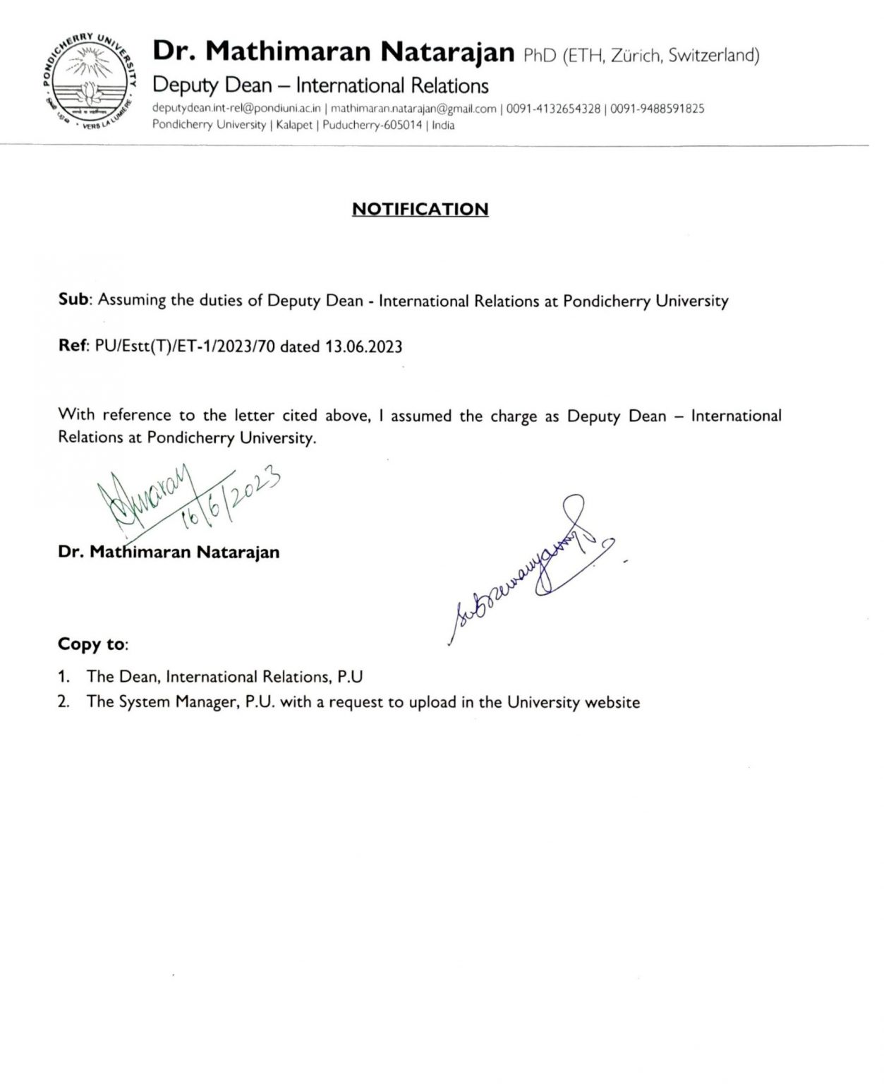 Assumption of charge as Deputy Dean – International Relations at ...