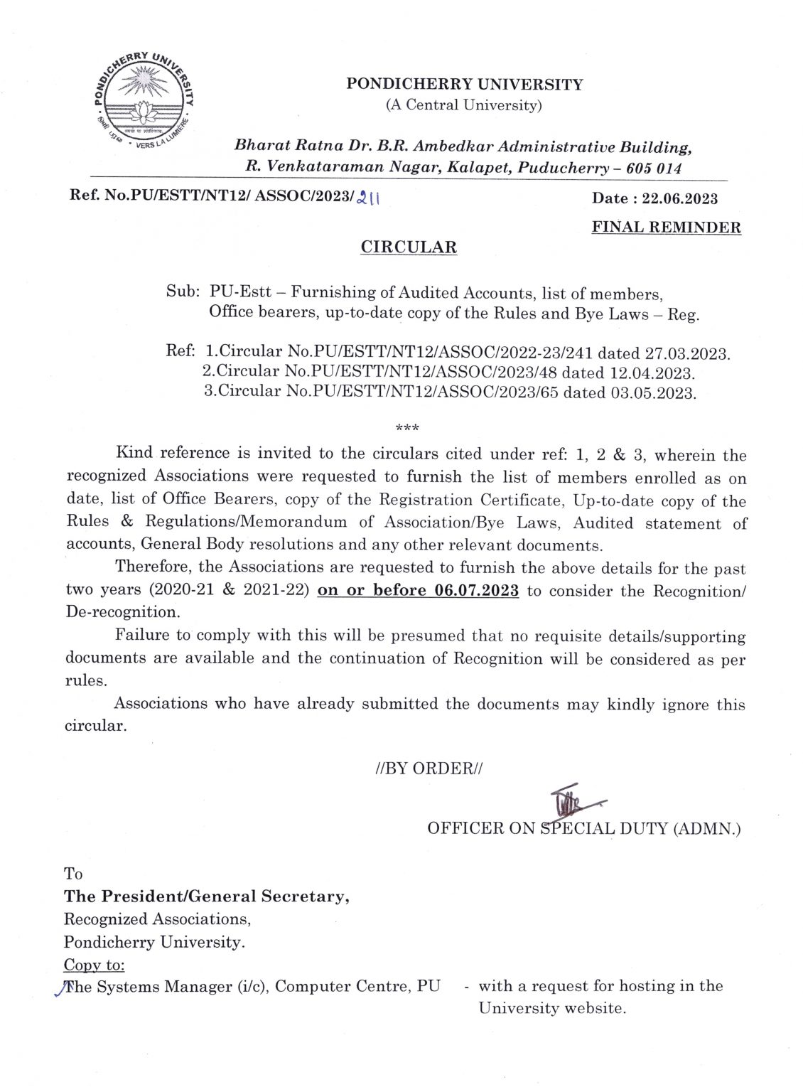 Furnishing of Audited Accounts, list of members, Office bearers, up-to ...