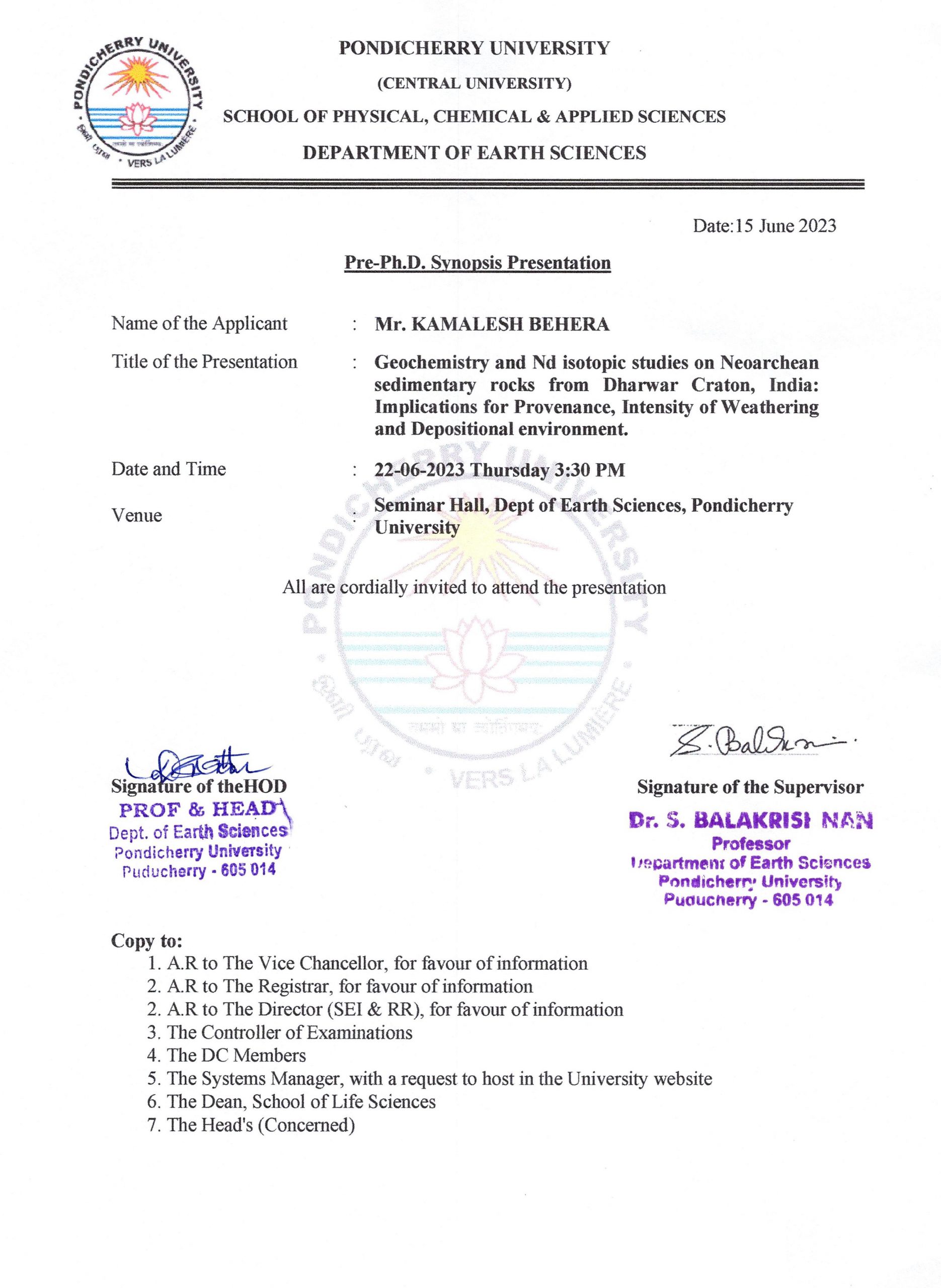 Pre-Ph.D. Synopsis Presentation notification of Mr. Kamalesh Behera on 22.06.2023 – Pondicherry ...