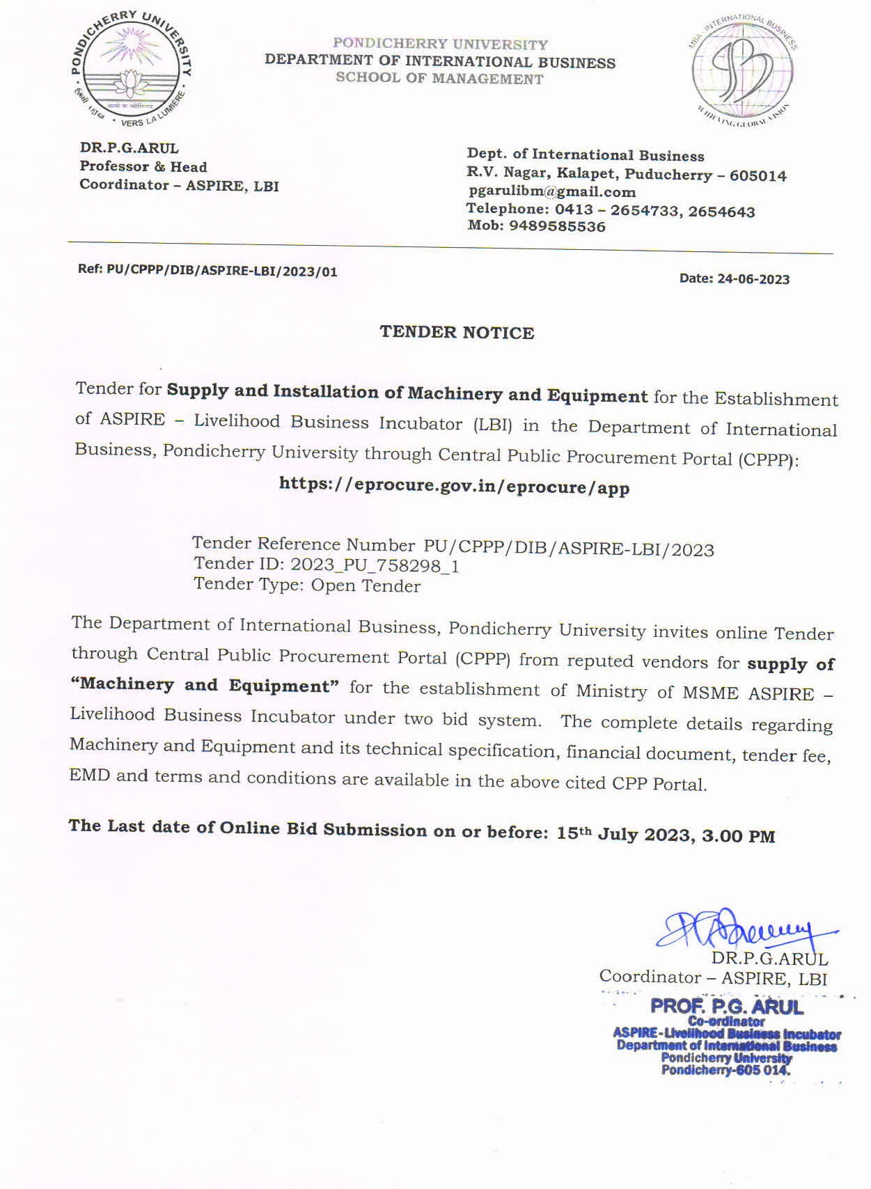 Tender for Supply and Installation of Machinery and Equipment ...