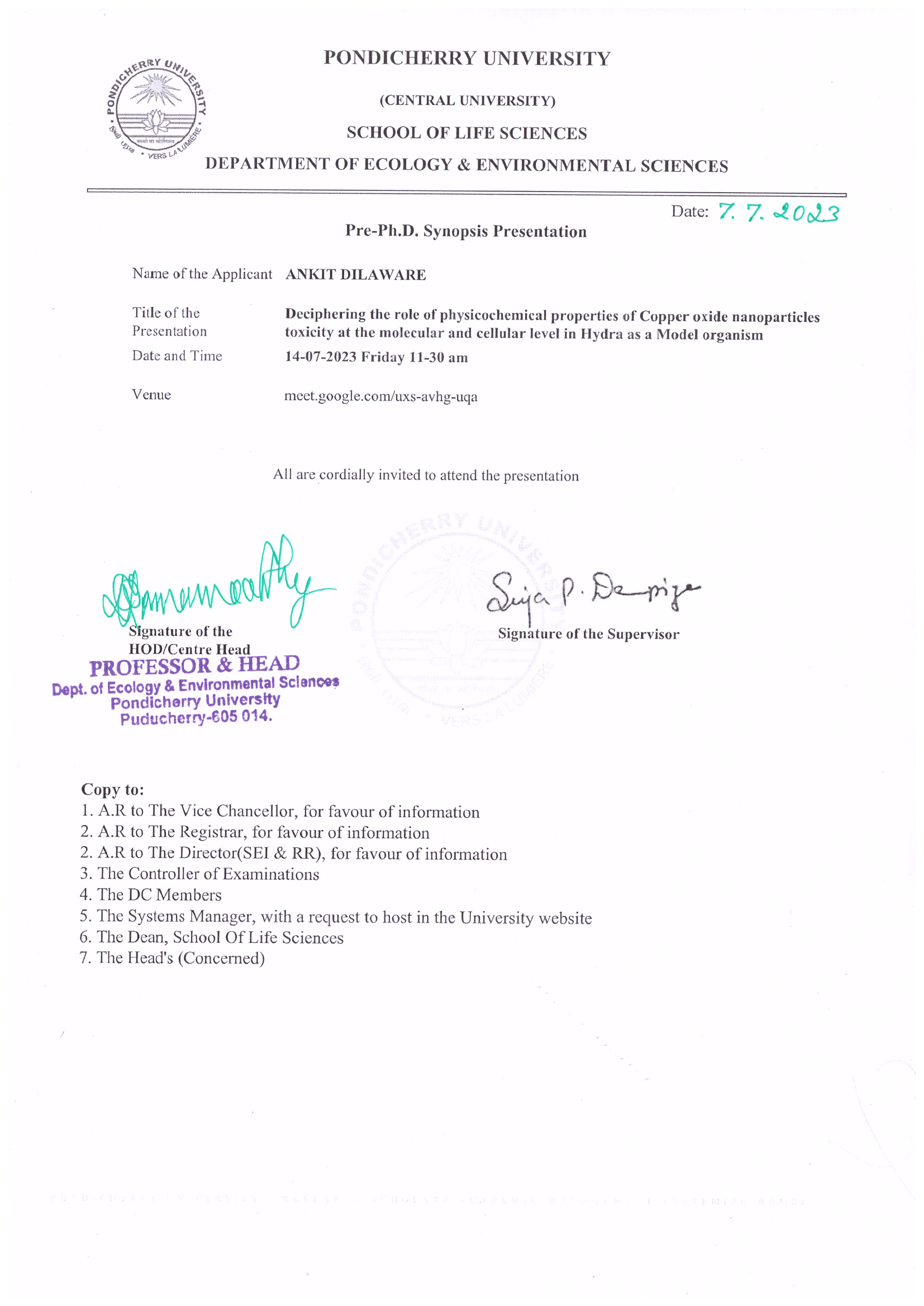 Pre-Ph.D. Synopsis Presentation notification of Ankit Dilaware on 14.07.2023 – Pondicherry ...