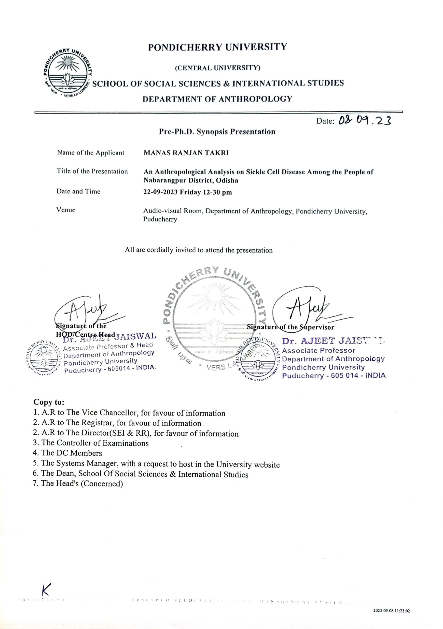 Pre-Ph.D. Synopsis Presentation notification of Manas Ranjan Takri on 22.09.2023 – Pondicherry ...