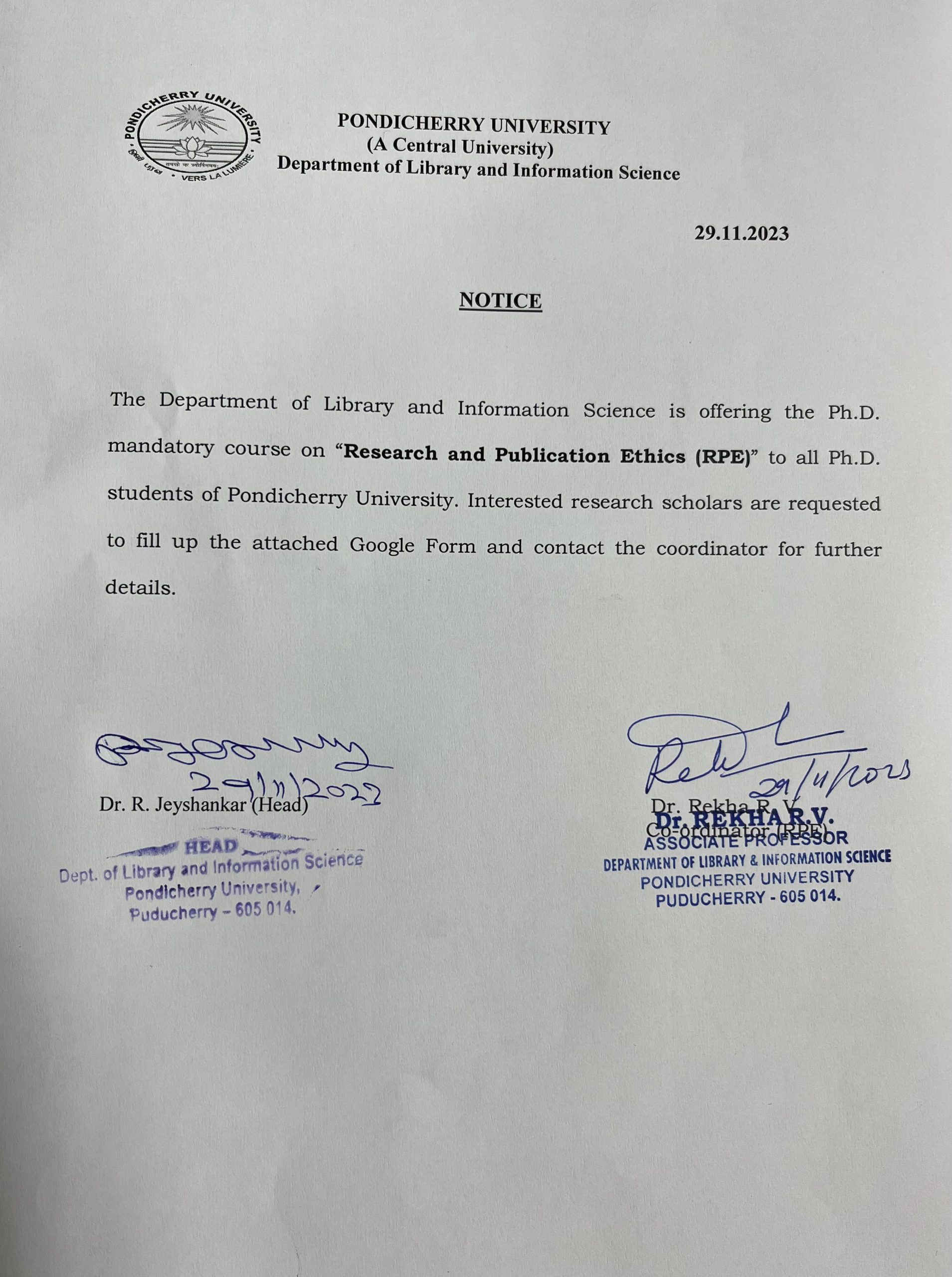 Ph.D. mandatory course on “Research and Publication Ethics (RPE)” – Department of Library and ...