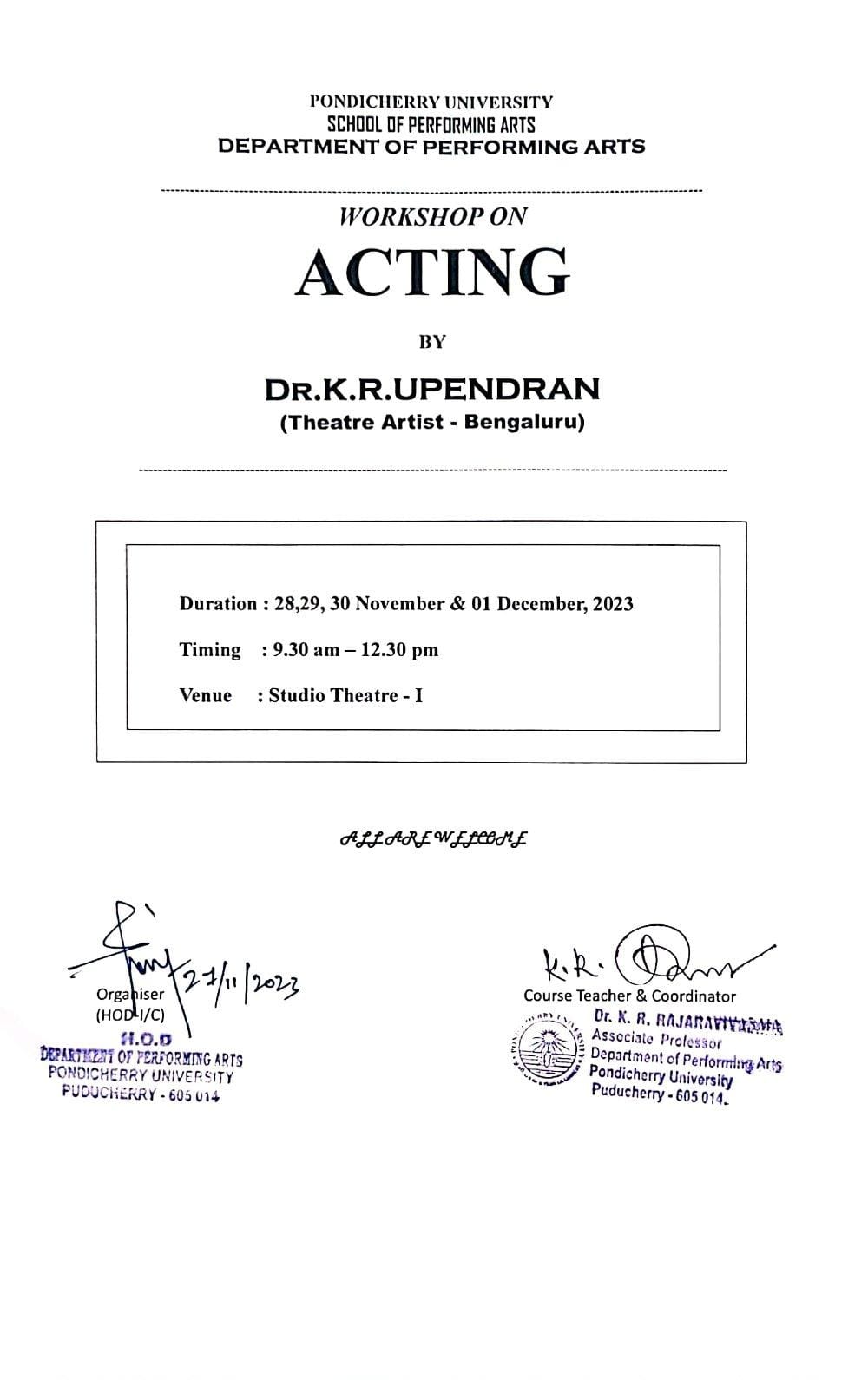 Workshop on Acting – Department of Performing Arts – Pondicherry University