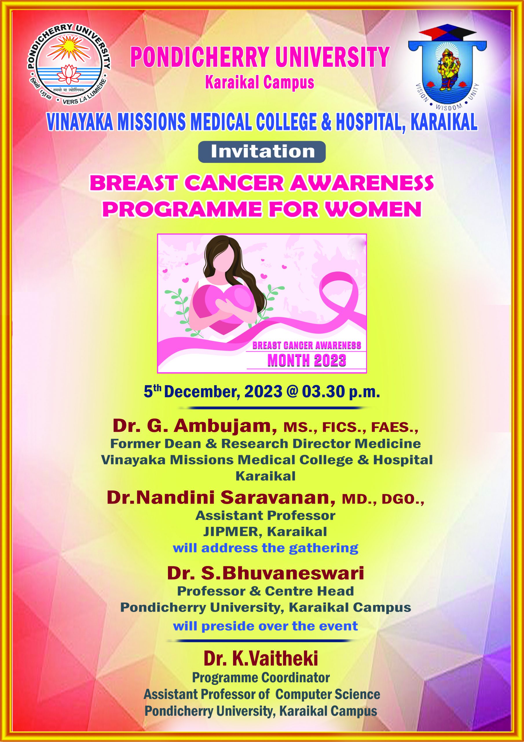 Invitation – Breast Cancer Awareness Programme for Women – Pondicherry University, Karaikal ...