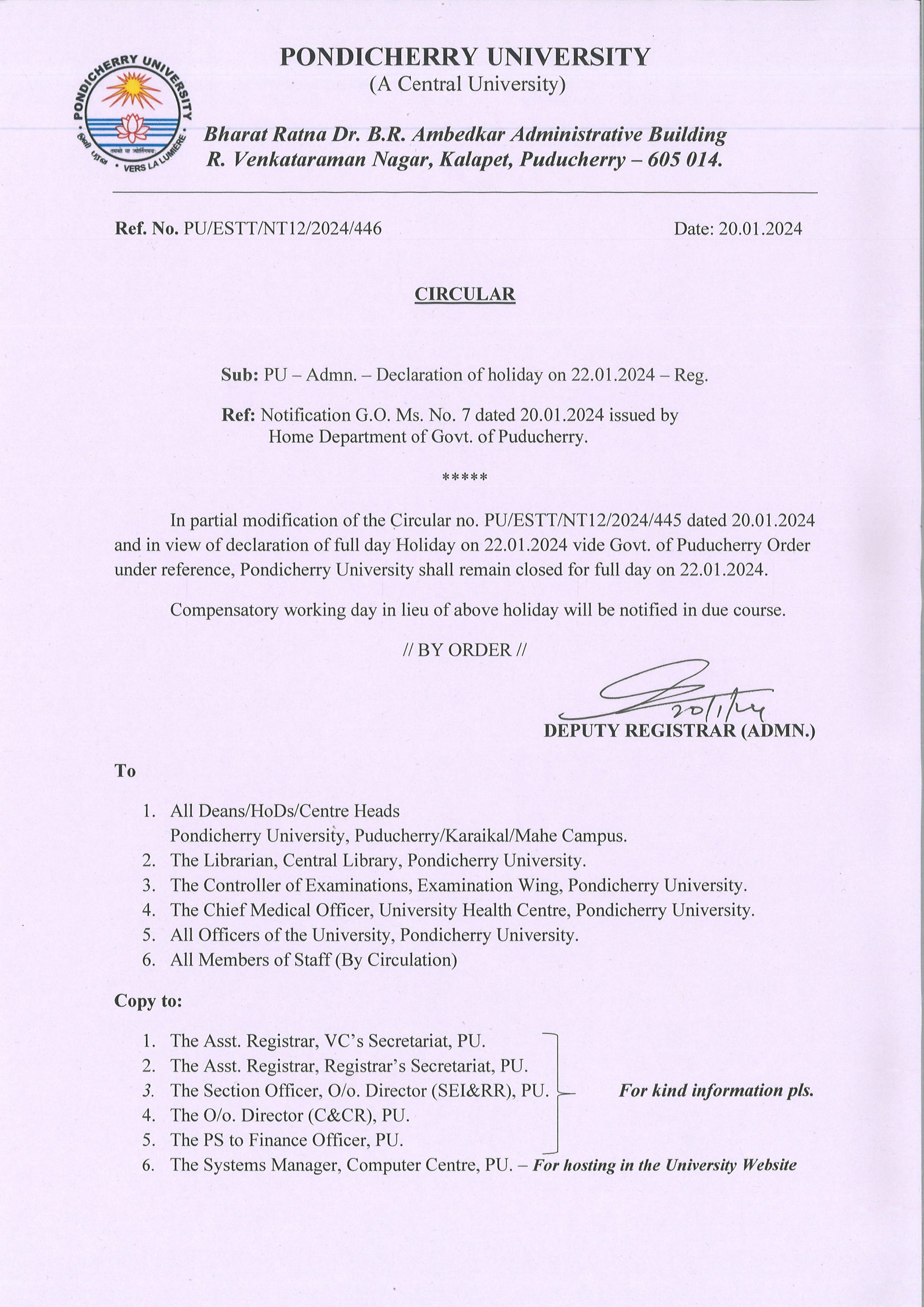 Revised – Declaration of full day Holiday on 22.01.2024 – Pondicherry ...