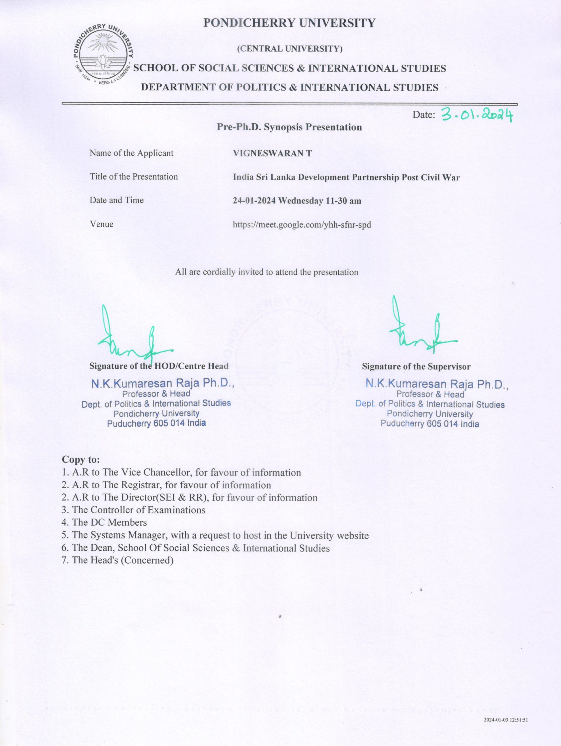 Pre-Ph.D. Synopsis Presentation notification of Vigneswaran T on 24.01.2024 – Pondicherry University