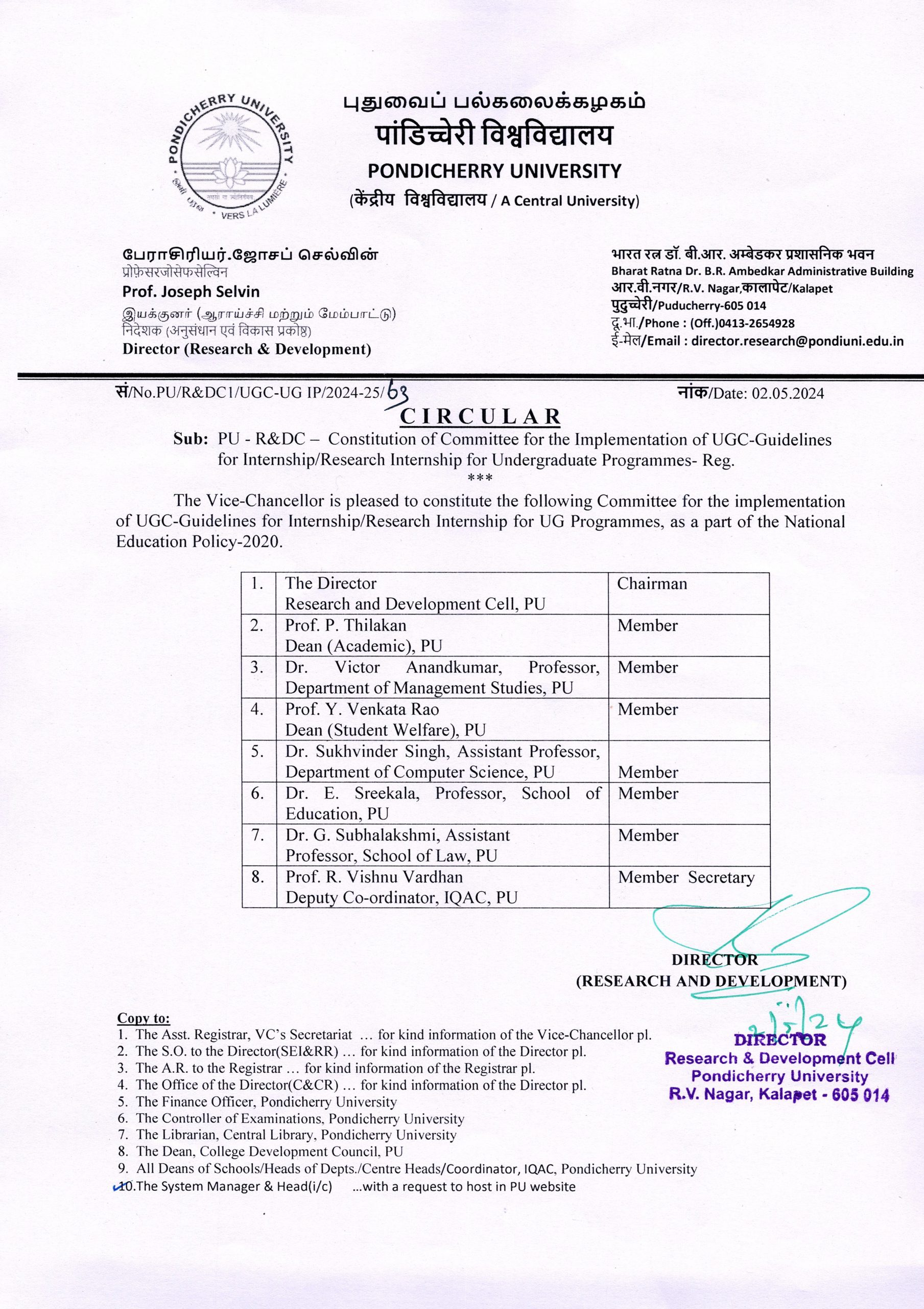 Constitution of Committee for the Implementation of UGC-Guidelines for Internship/Research ...