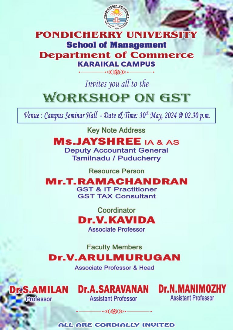 Workshop on GST – Department of Commerce, Karaikal Campus – Pondicherry University