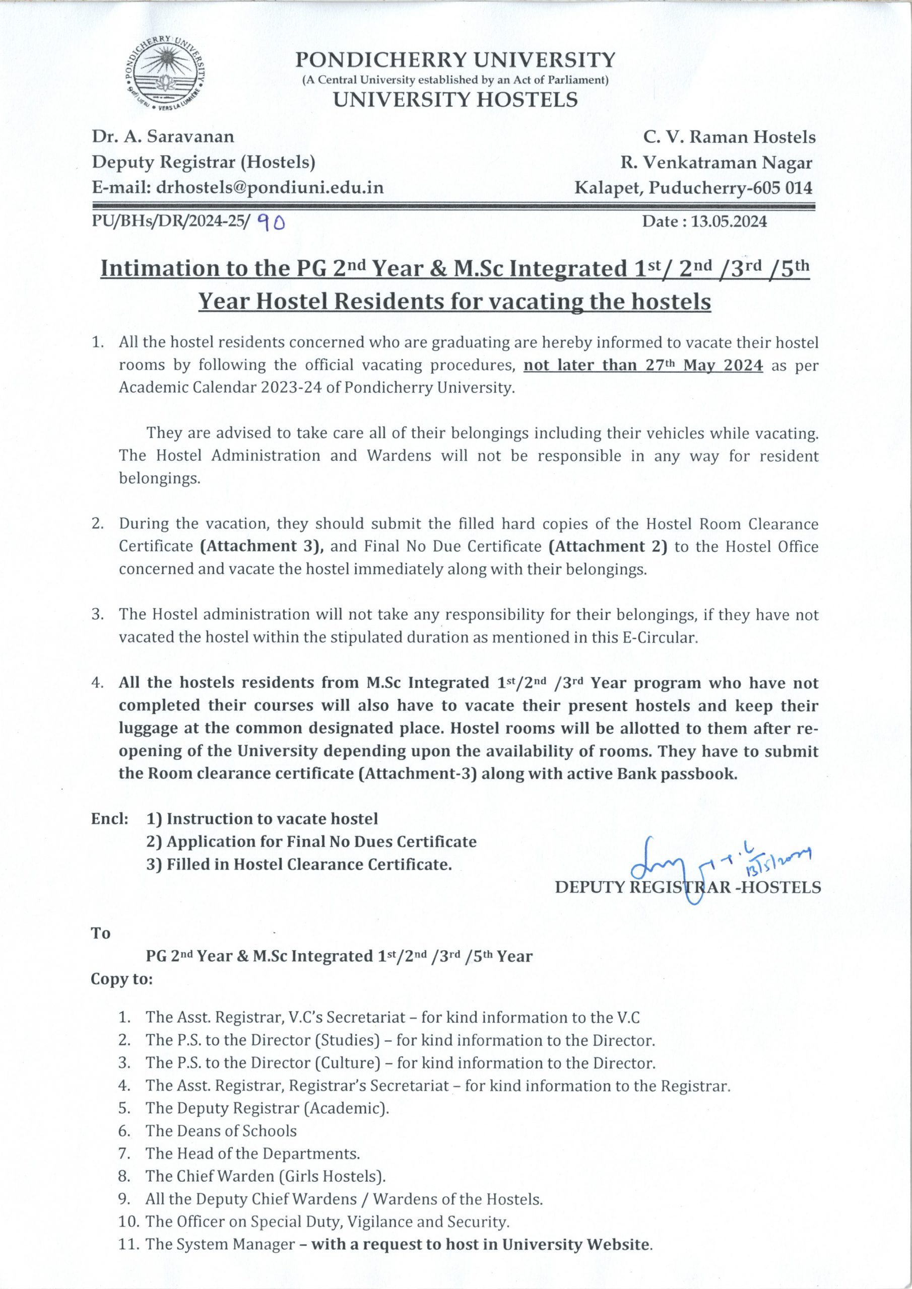 Vacating of Hostels – Intimation to the PG 2nd Year & M.Sc. Integrated ...