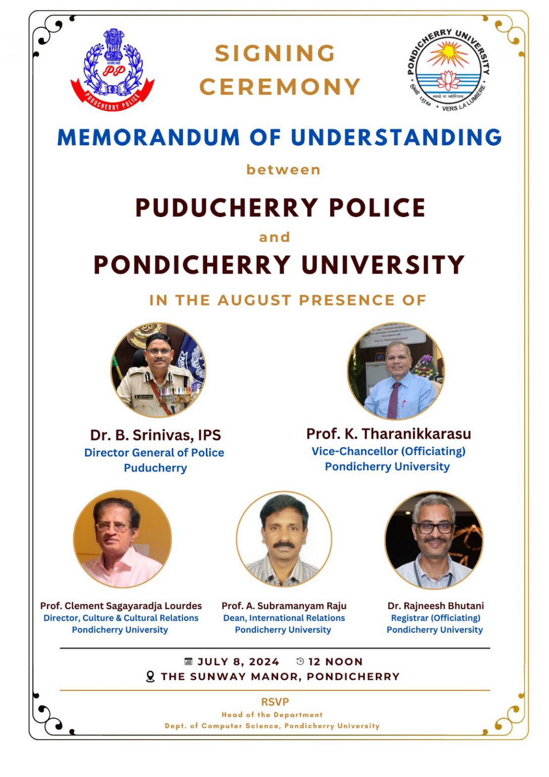 Invitation – MoU Signing with Puducherry Police – Pondicherry University