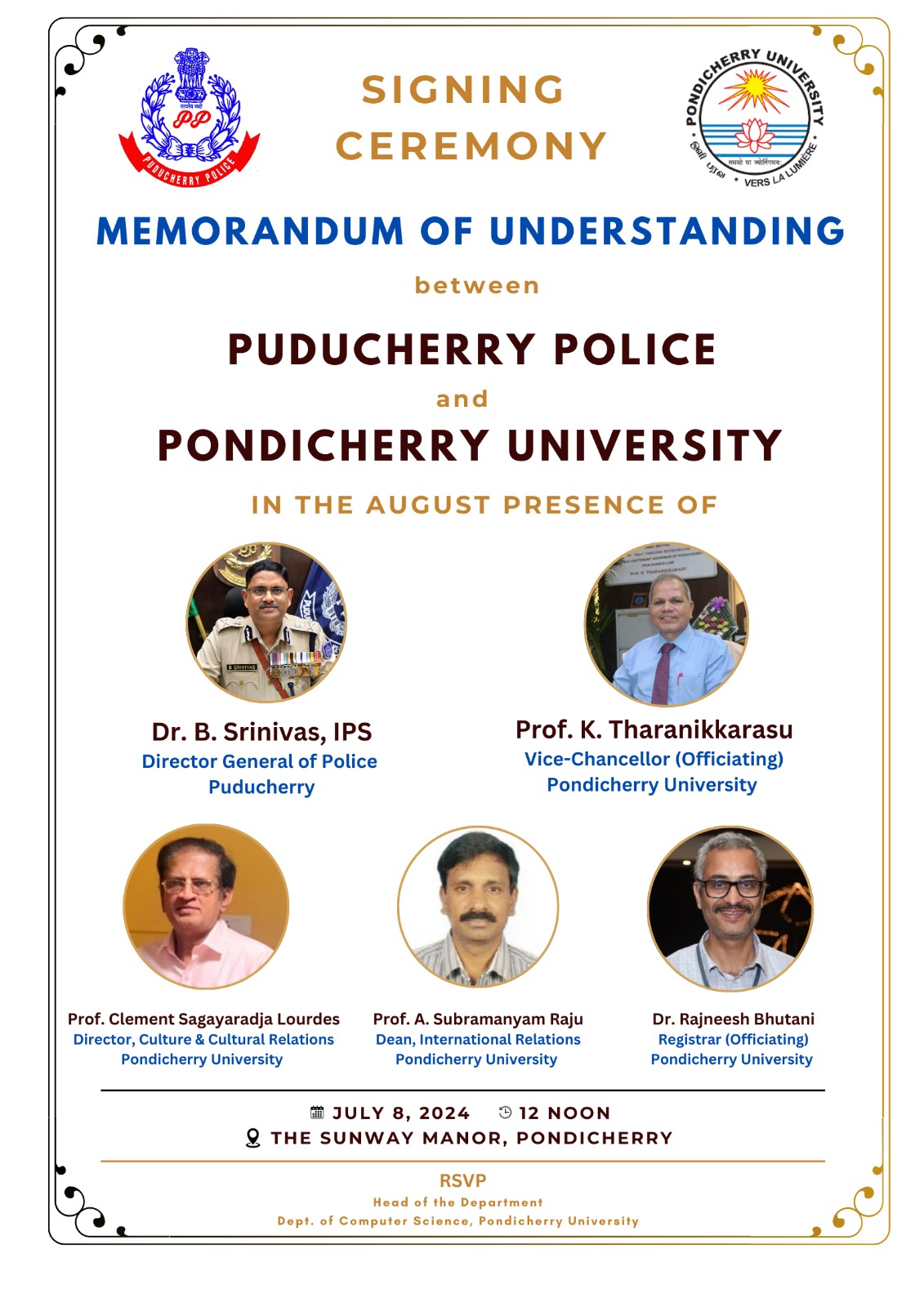 Invitation – MoU Signing with Puducherry Police – Pondicherry University