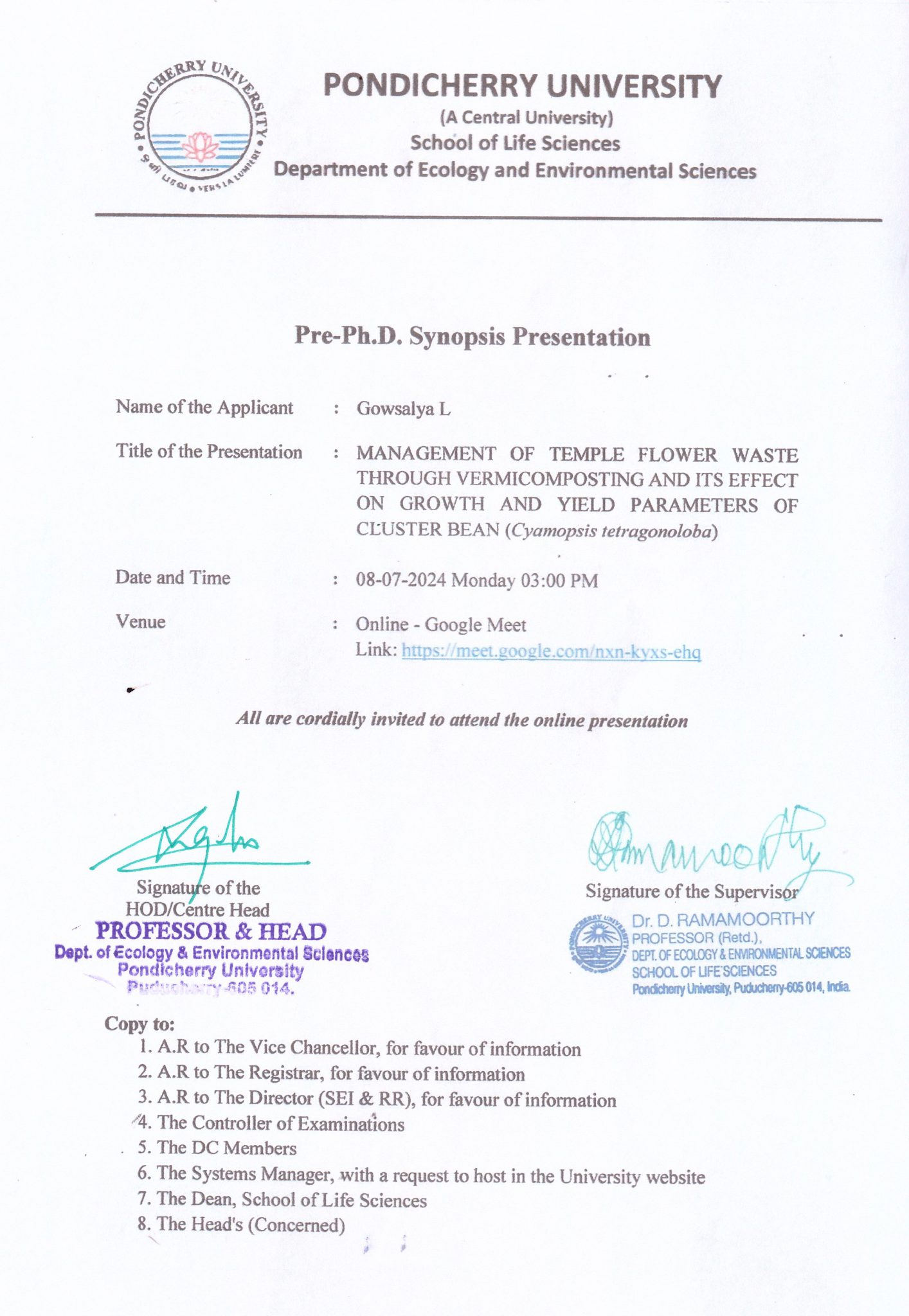 Pre-Ph.D. Synopsis Presentation notification of Gowsalya L on 08.07. ...