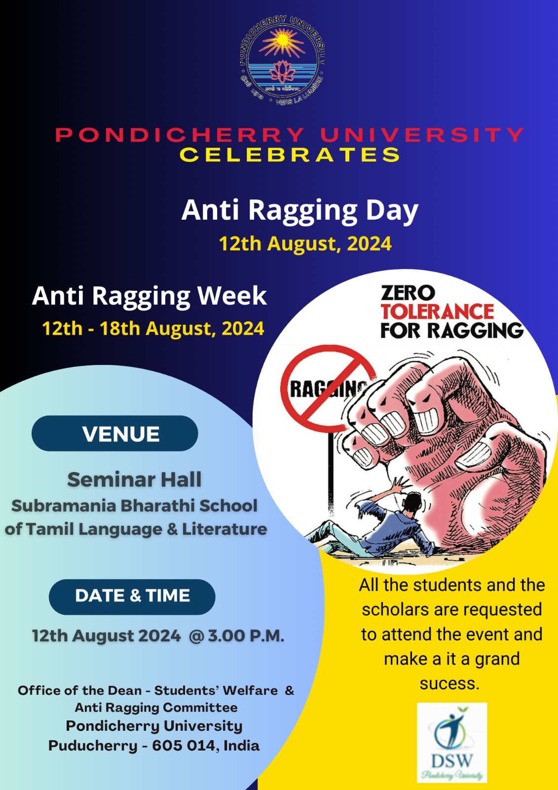 Anti Ragging Day on 12.08.2024 – Pondicherry University