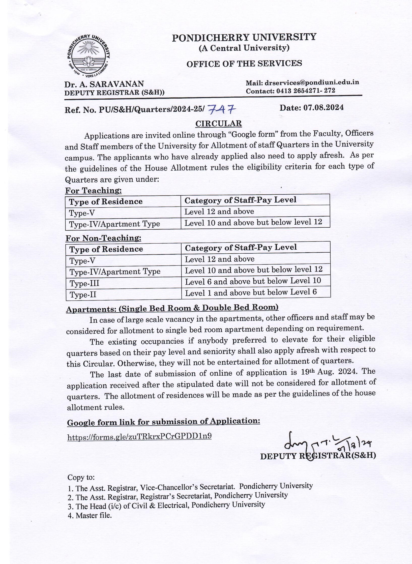 Allotment of Staff Quarters in the University Campus – Pondicherry ...