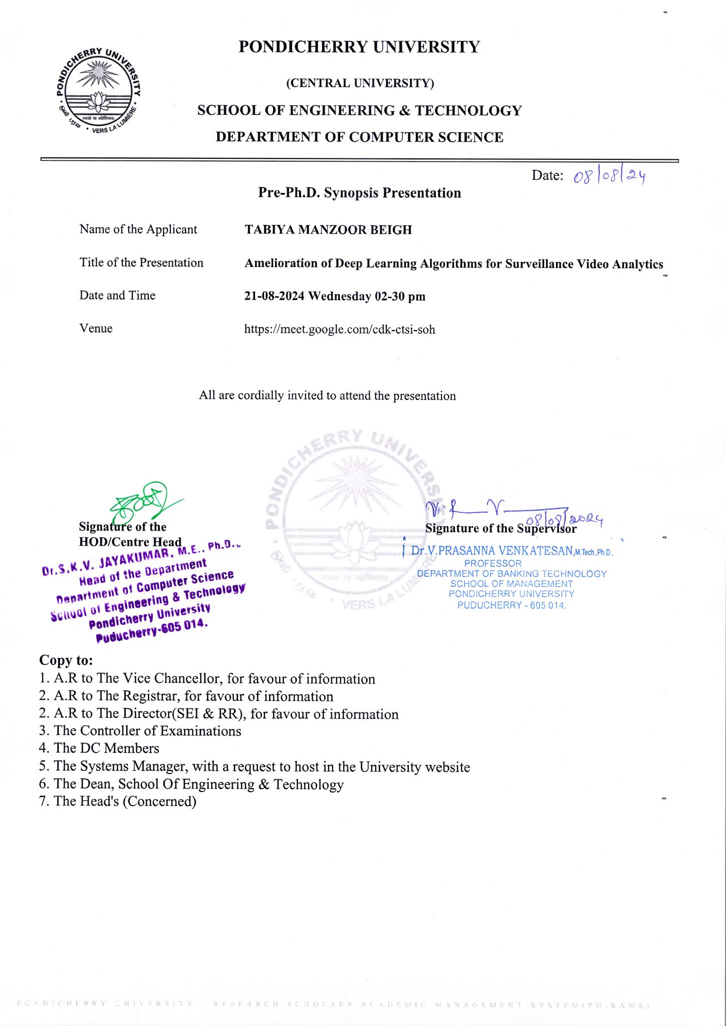 Pre-Ph.D. Synopsis Presentation notification of Tabiya Manzoor Beigh on ...