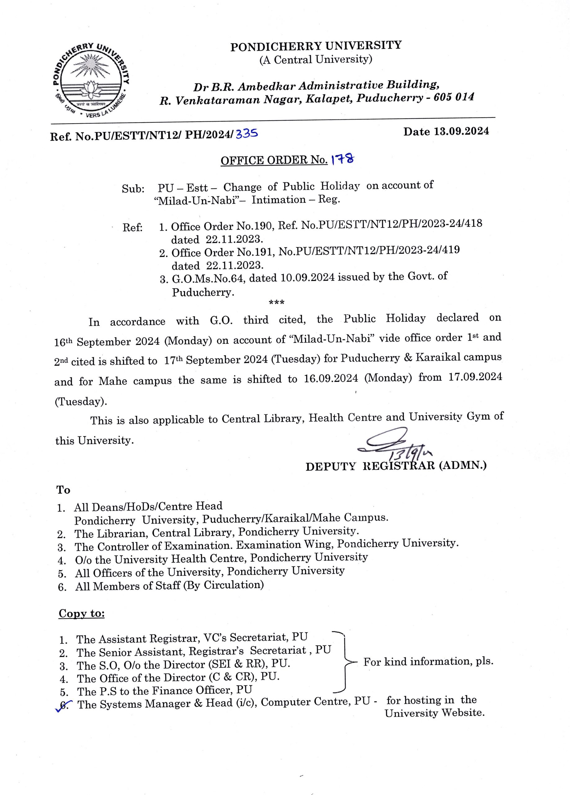 Change of Public Holiday on account of “Milad-Un-Nabi” – Intimation ...