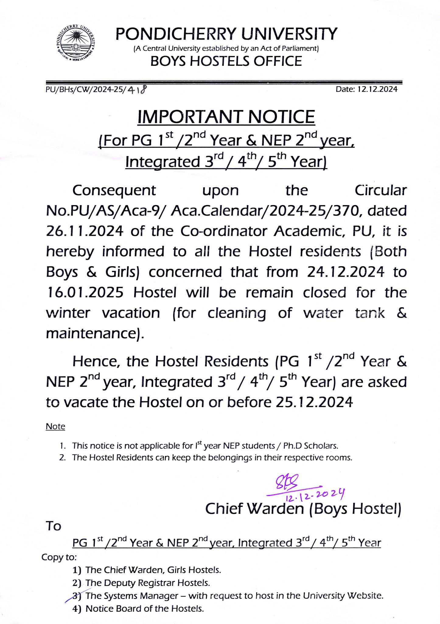 Hostel Residents – Notice – Pondicherry University