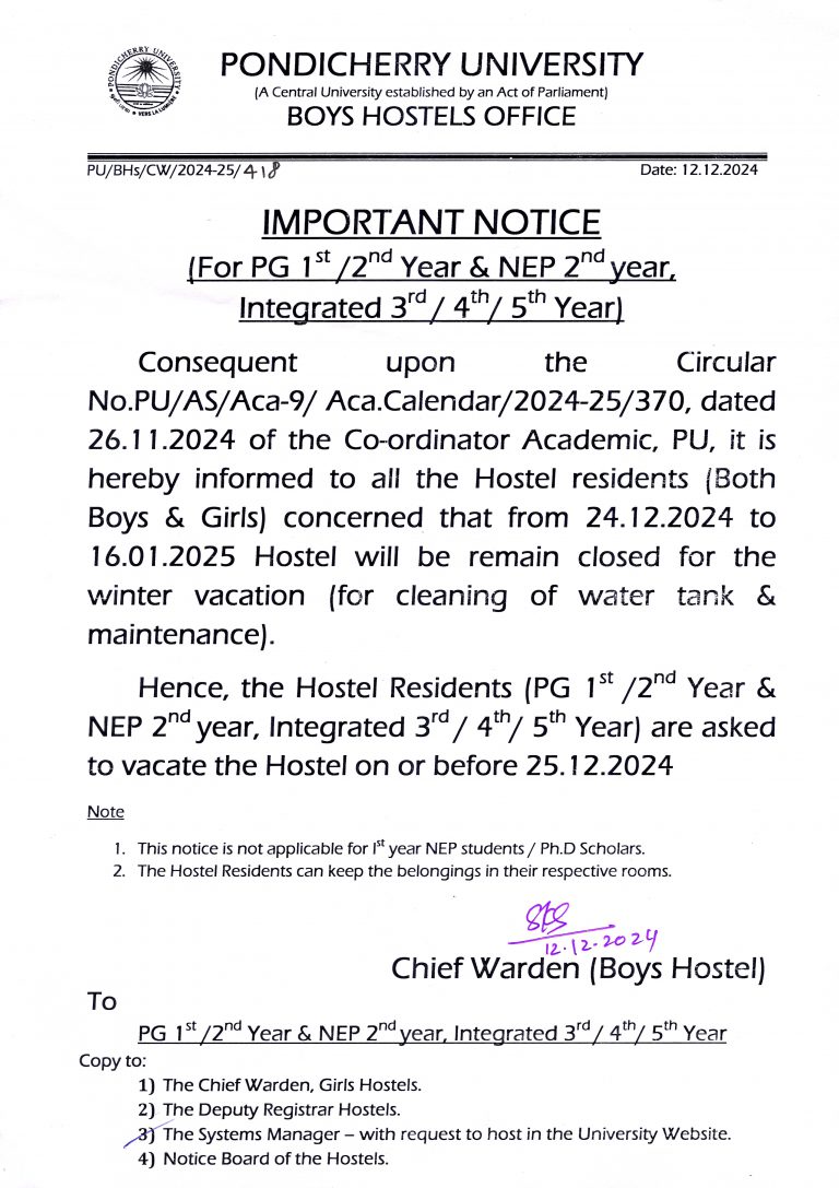 Hostel Residents – Notice – Pondicherry University
