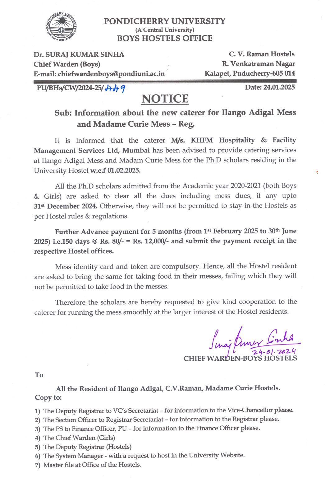 Information about the new Caterer for Ilango Adigal Mess and Madame ...