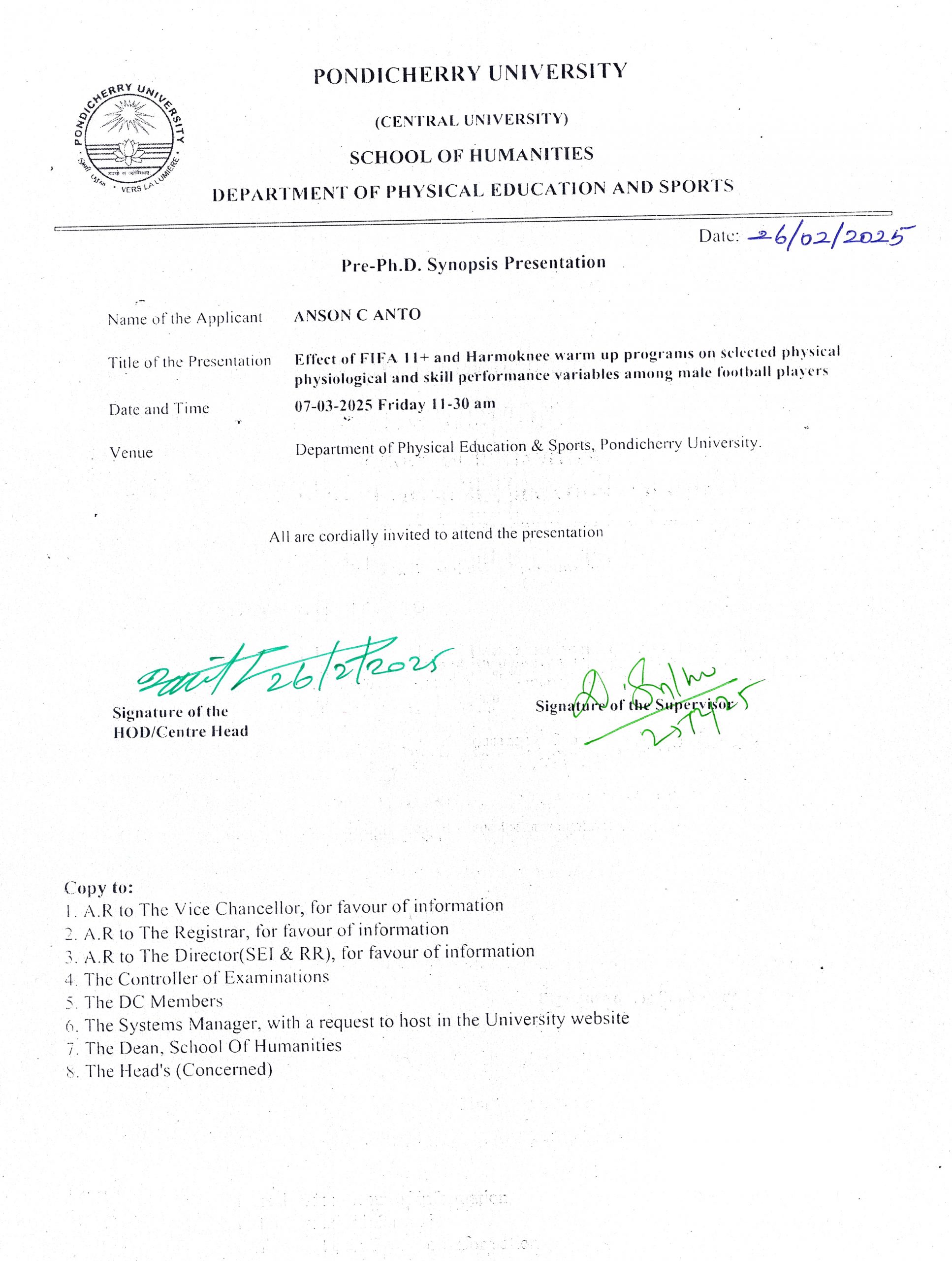 Pre-Ph.D. Synopsis Presentation notification of Mr. Anson C Anto on 07. ...