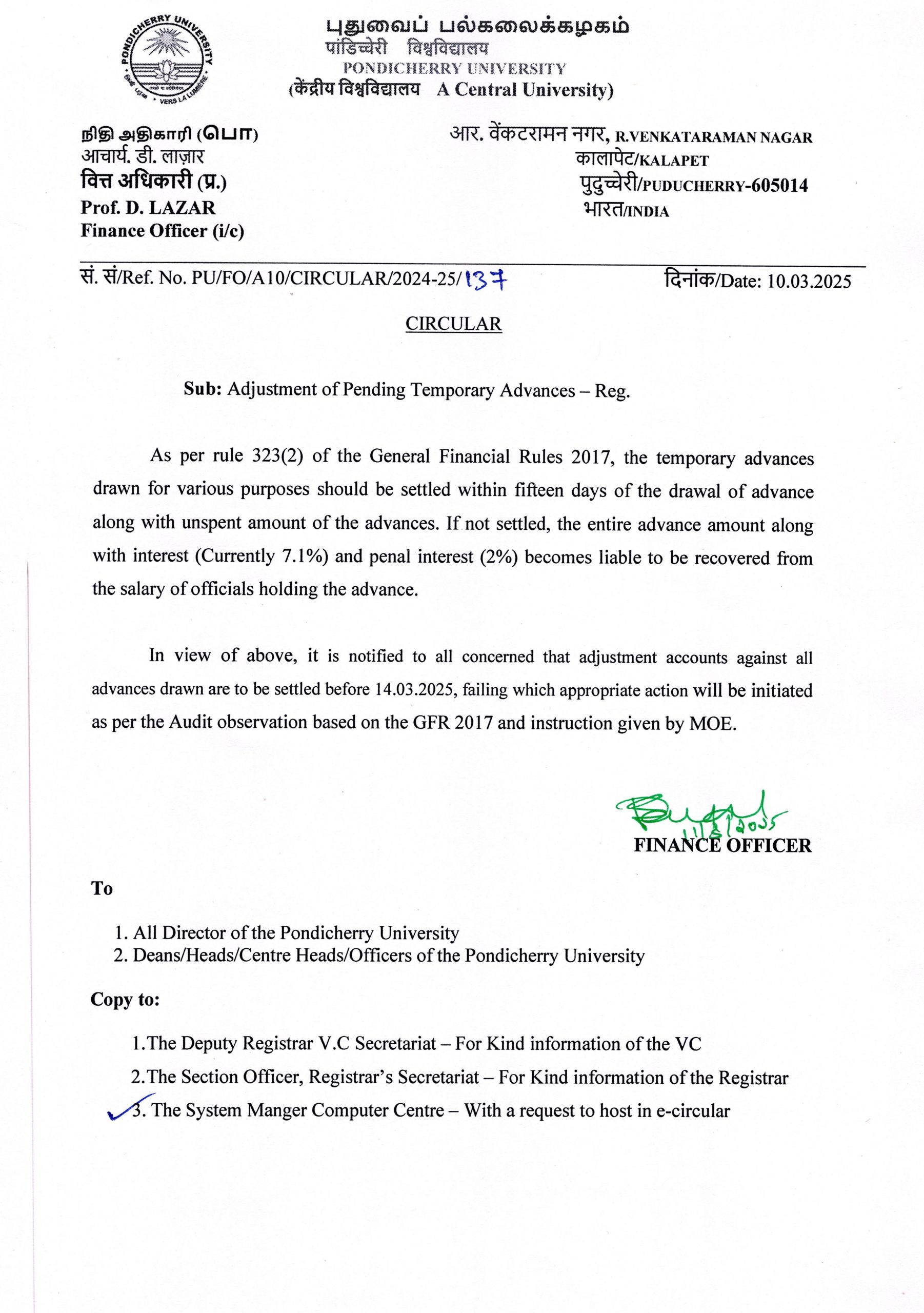 Adjustment of Pending Temporary Advances – Pondicherry University
