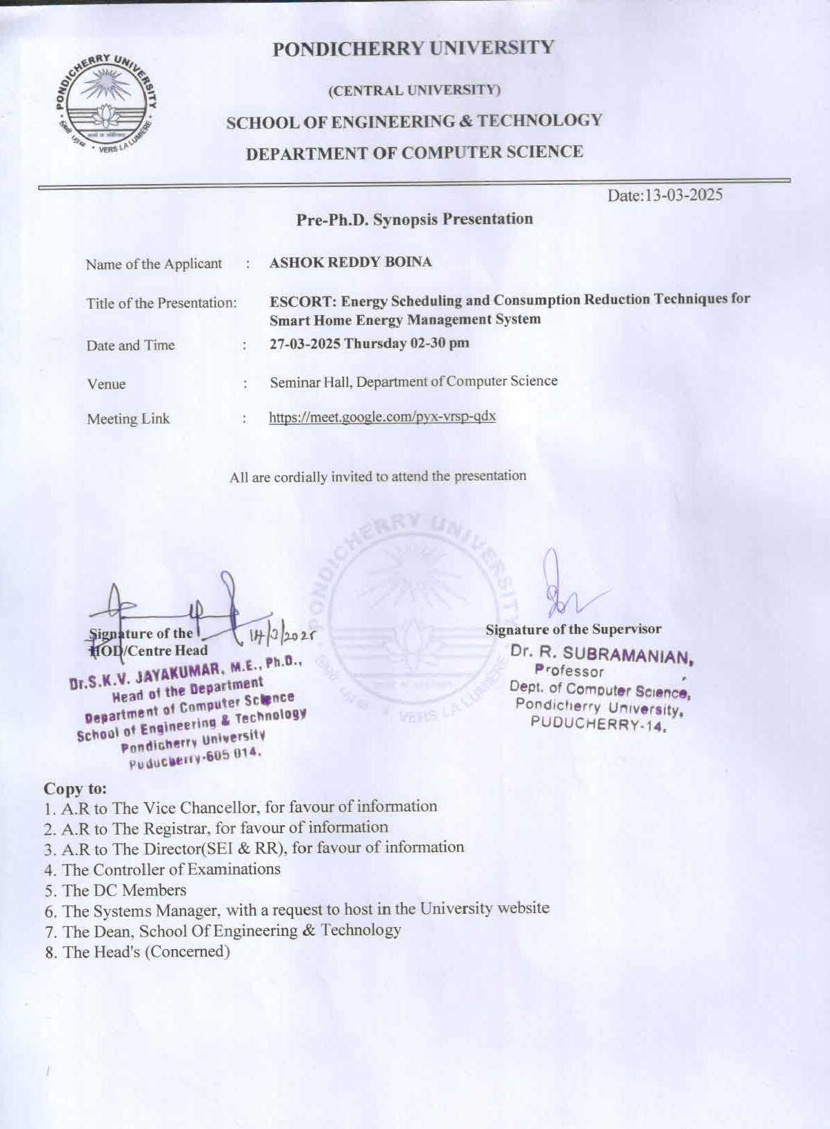 Pre-Ph.D. Synopsis Presentation notification of Mr. Ashok Reddy Boina ...