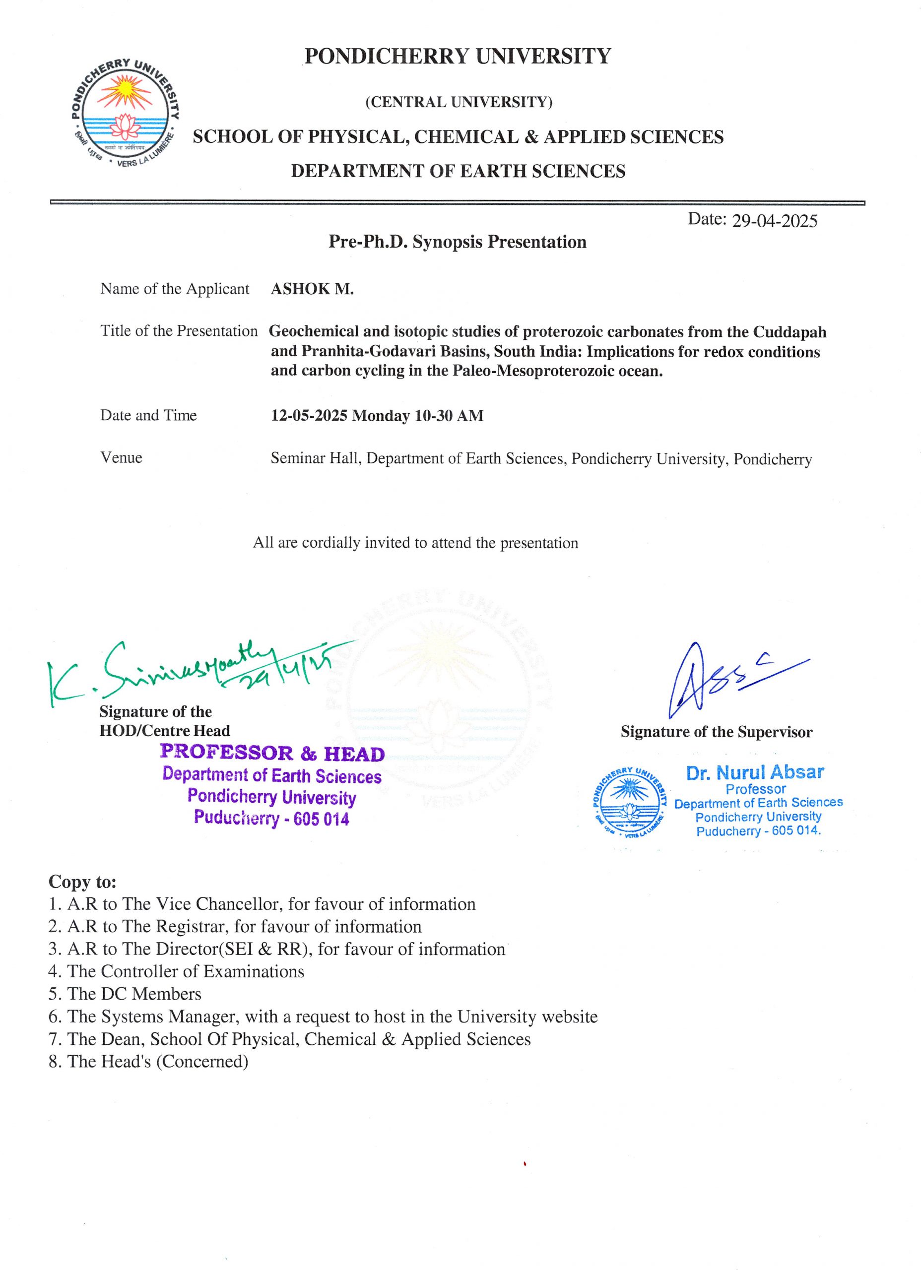 Pre-Ph.D. Synopsis Presentation notification of Mr. Ashok M on 12.05. ...