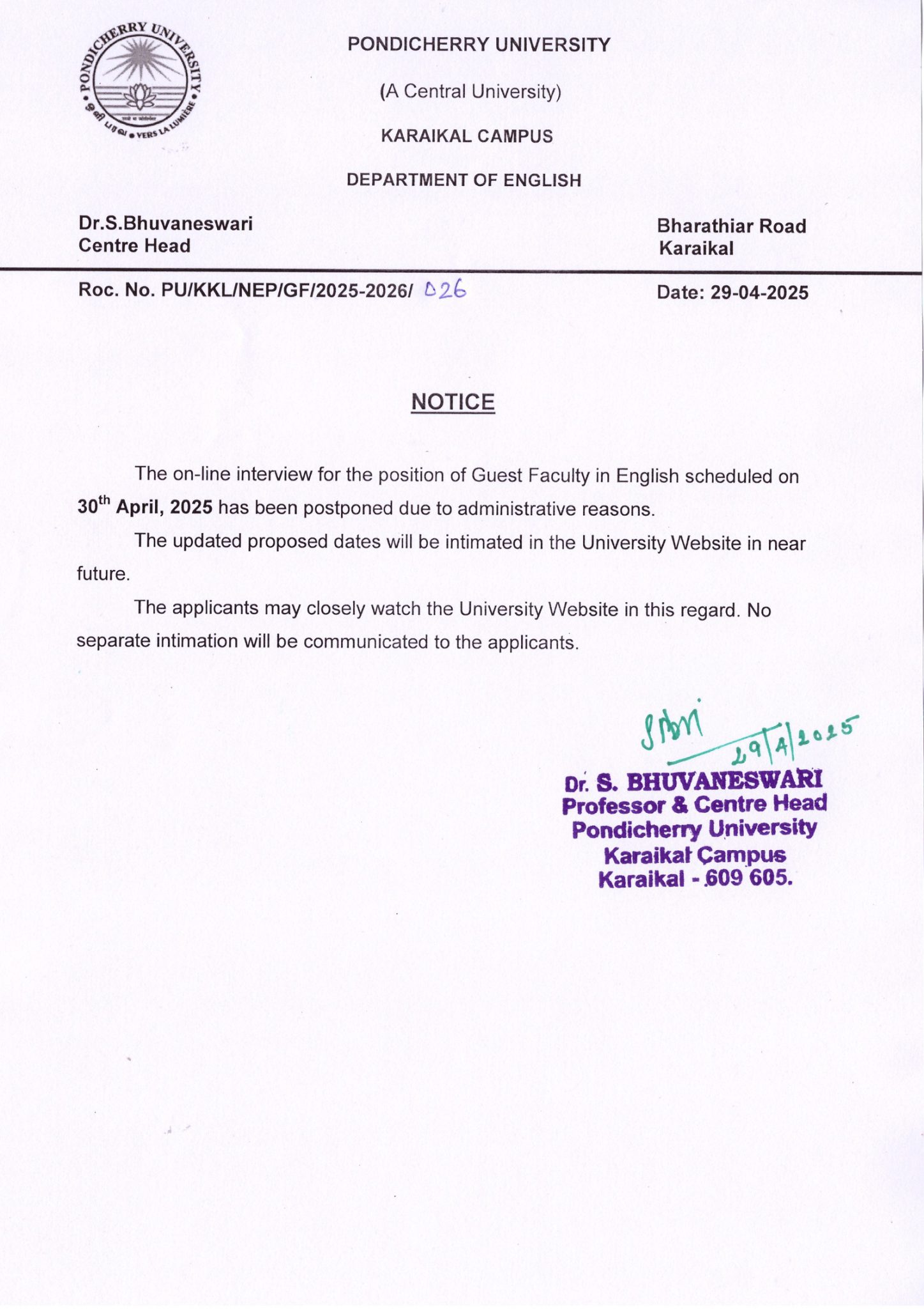 Postponed – Online Interview for Guest Faculty Positions – Pondicherry ...