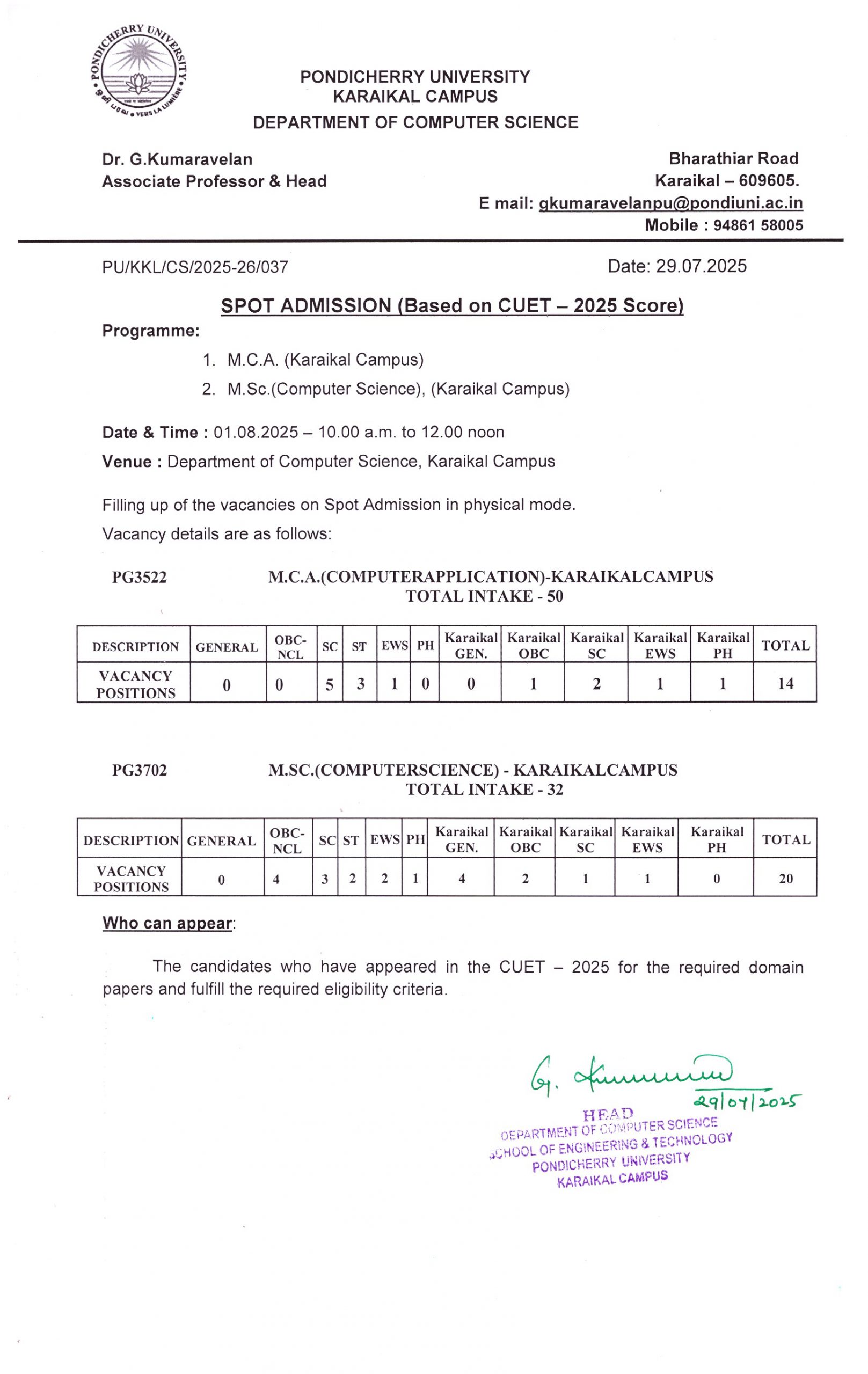 Admissions 2025-26: Inviting Candidates (through Physical Mode) on 01. ...