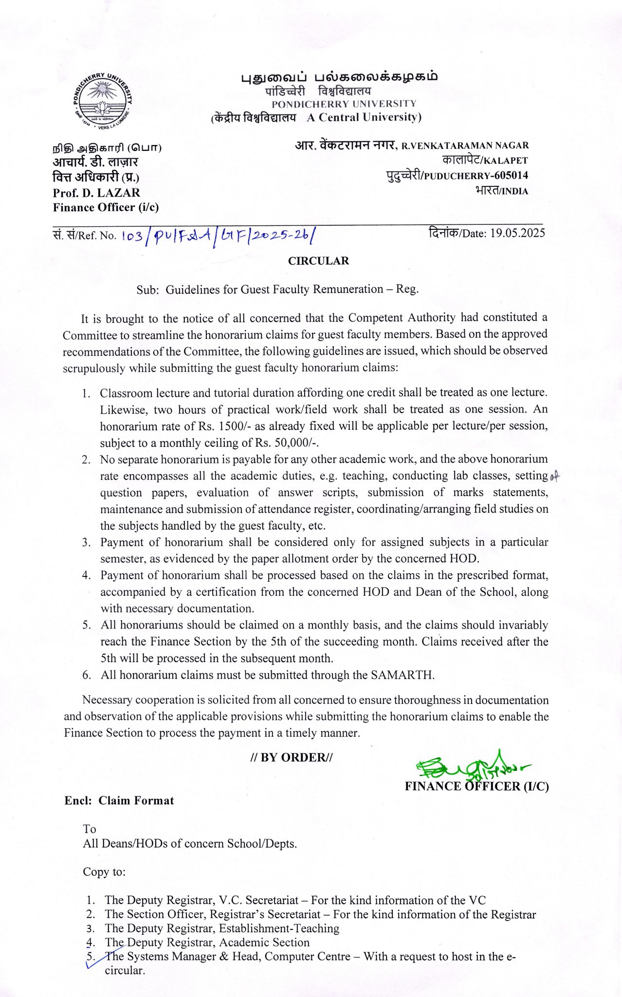 Guidelines for Guest Faculty Remuneration – Pondicherry University