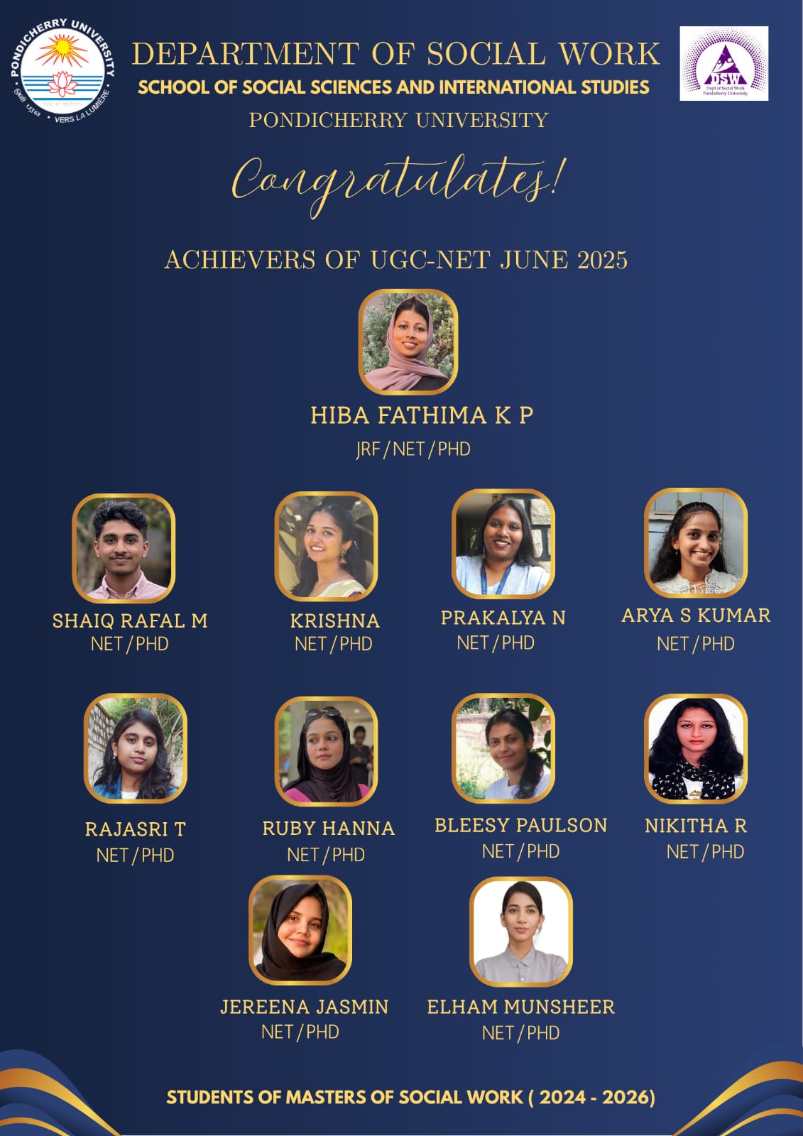 Congratulations Message – Department of Social Work – Pondicherry University