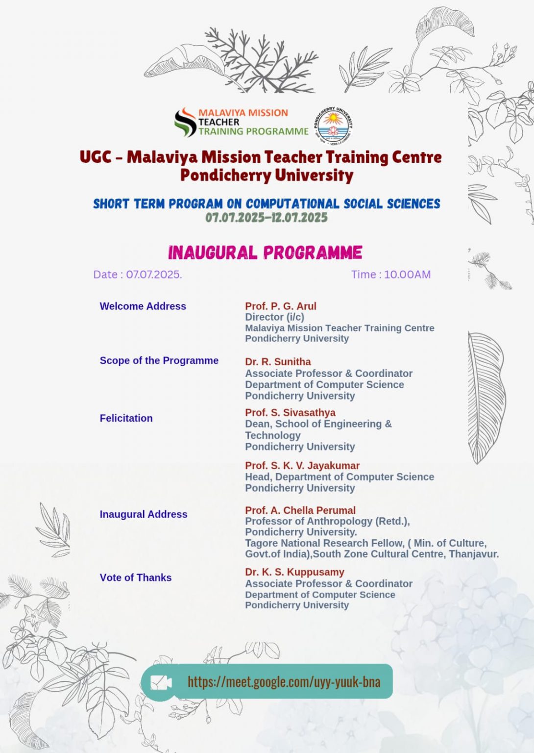 Inaugural Programme – Short Term Program on Computational Social Sciences – UGC-Malaviya Mission ...