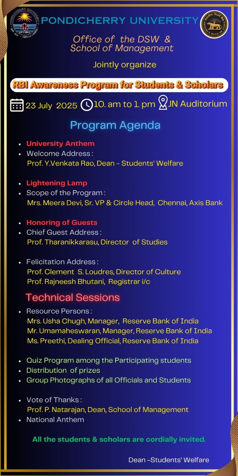 RBI Awareness Program for Students & Scholars on 23.07.2025 ...