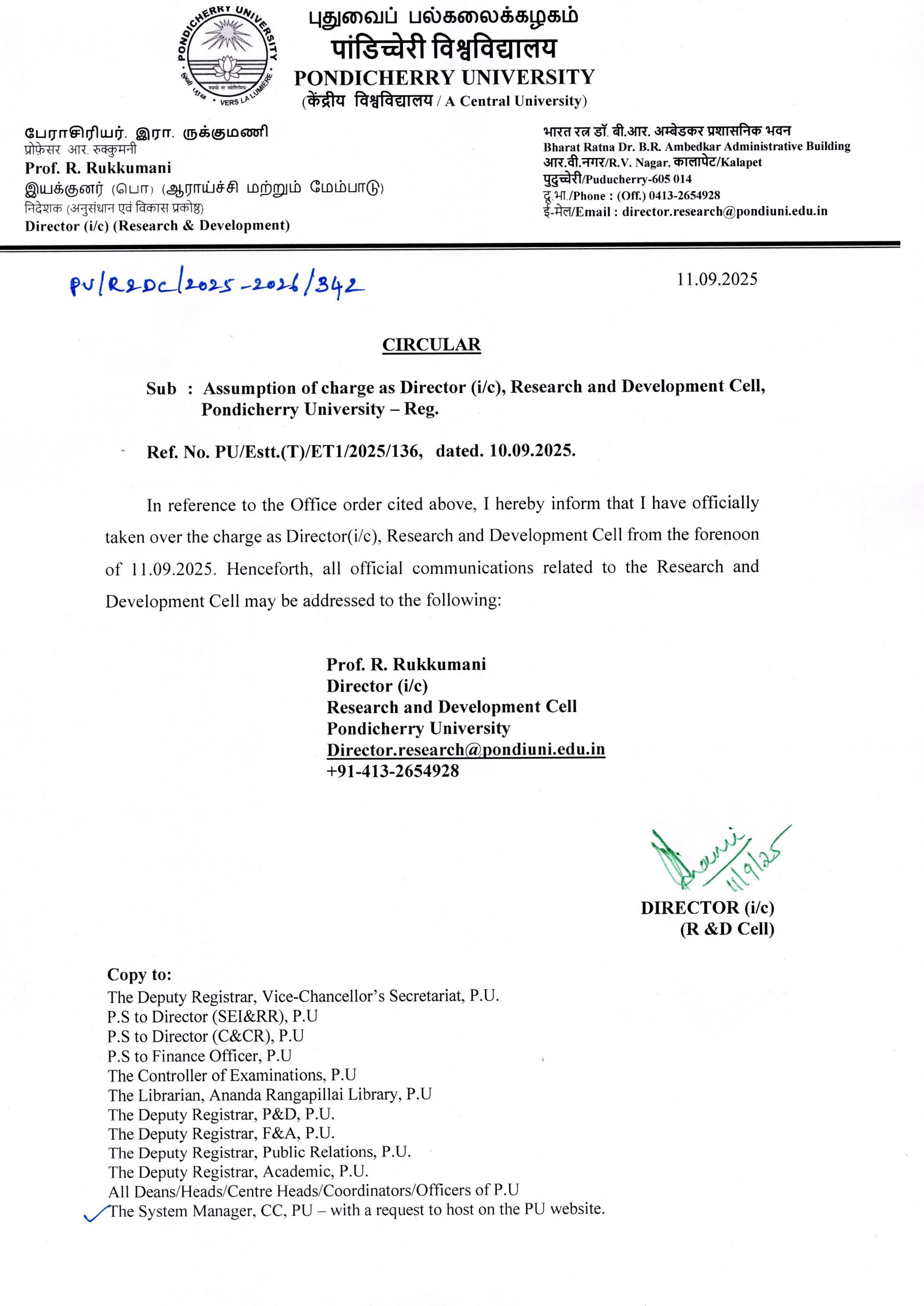 Assumption of charge as Director (i/c), Research and Development Cell, Pondicherry University ...