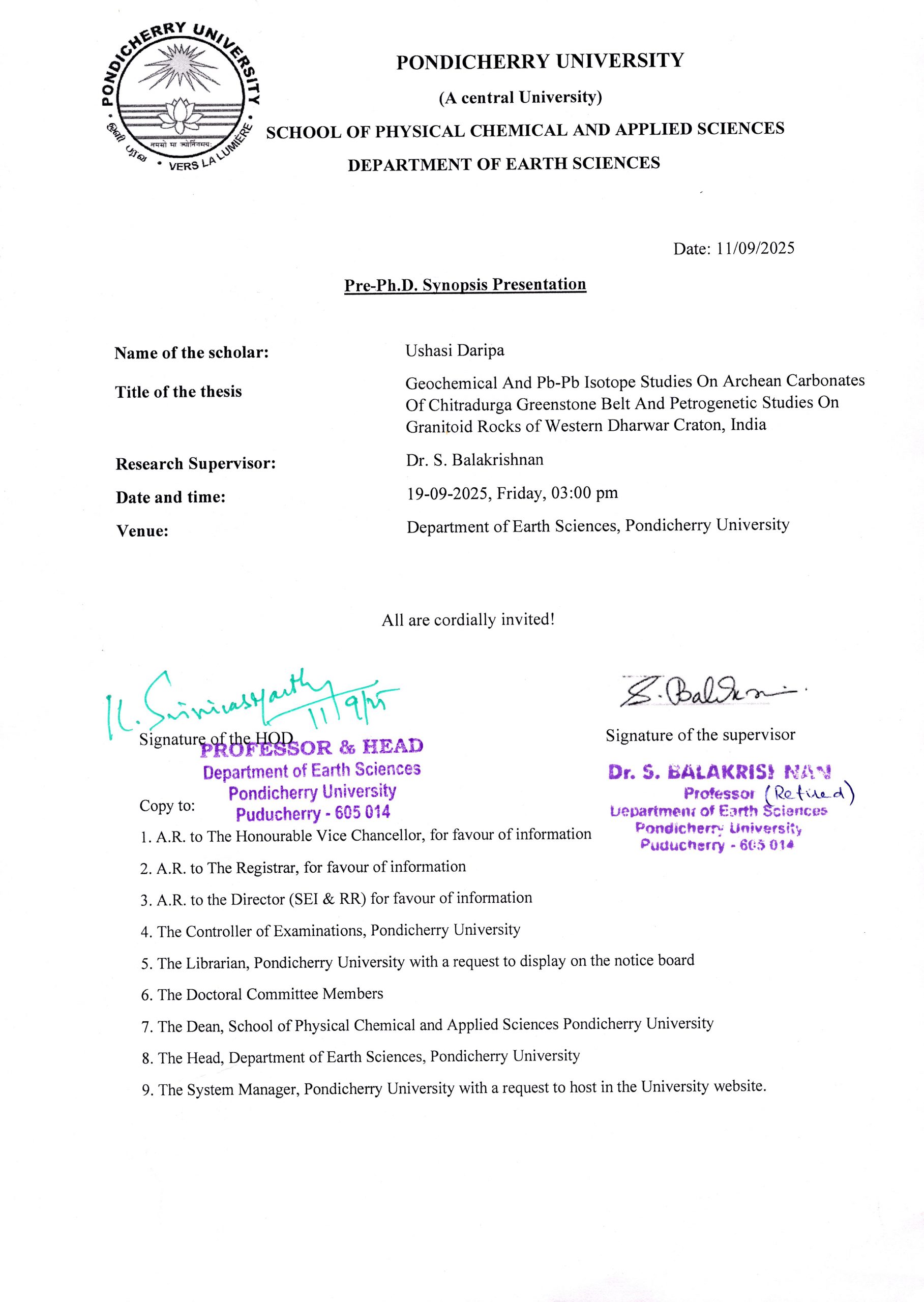 Pre-Ph.D. Synopsis Presentation notification of Ms. Ushasi Daripa on 19.09.2025 – Pondicherry ...
