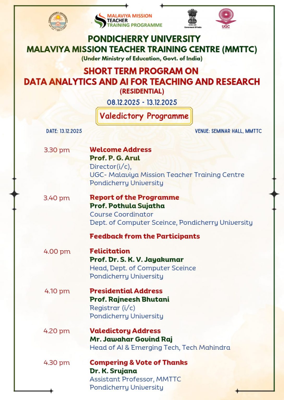 Valedictory Programme – Short Term Program on Data Analytics and AI for ...